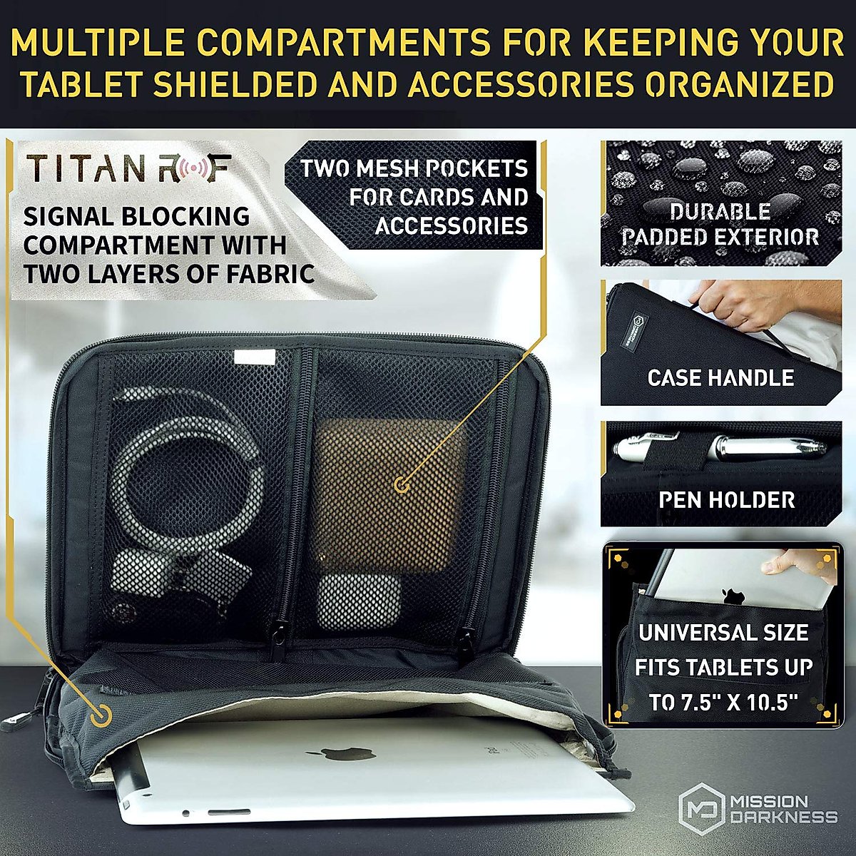 Mission Darkness Mojave Faraday Tablet Bag // Multi-Functional Travel Case with Accessory Pockets and Built-in Faraday Sleeve // Signal-Blocking, Anti-Tracking, Anti-Hacking, Anti-Spying Faraday Cage