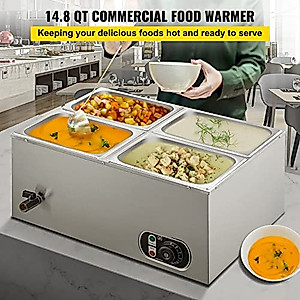 Commercial Food Warmer Bain Marie, 110V 4-Pan Stainless Steel Steam Table with 14.8 Qt Capacity and Precise Temperature Control