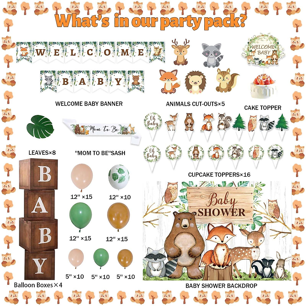 Hombae Woodland Baby Shower Decorations, Baby Shower Decorations for Boy, Forest Animal Gender Neutral Baby Shower Decorations Backdrop Balloon Leaf Banner Box Cutout Cake Cupcake Topper Sash Brown