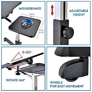 Tatkraft Joy Portable Laptop Desk with Mouse Pad, Rolling Computer Stand with Adjustable Height, Sturdy and Ergonomic, Black