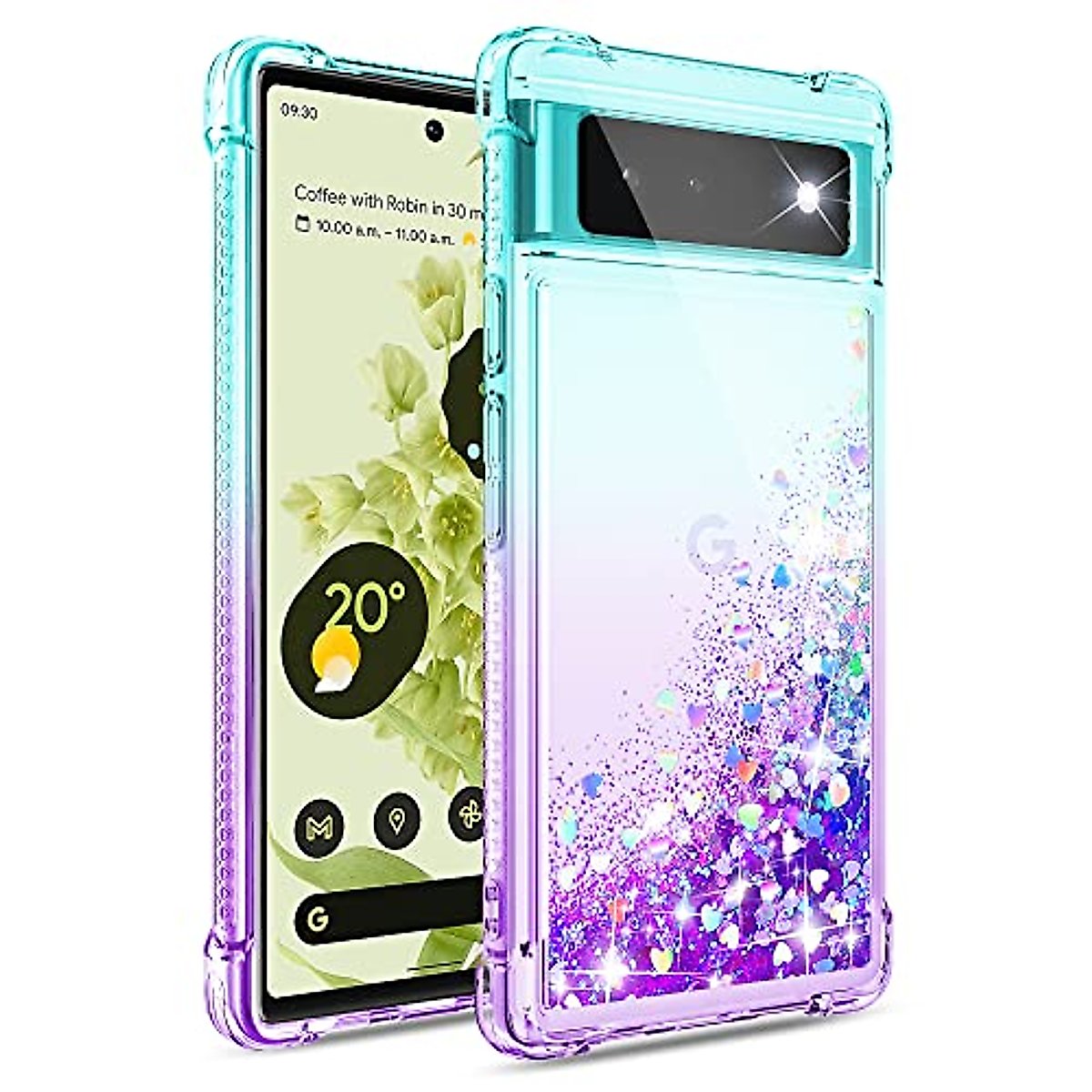 Gritup Pixel 6 Case, Google Pixel 6 Case with HD Screen Protector, Glitter Liquid Pixel 6 Phone Case Gradient Bling Quicksand Protective Soft Phone Case for Google Pixel 6, Teal/Purple