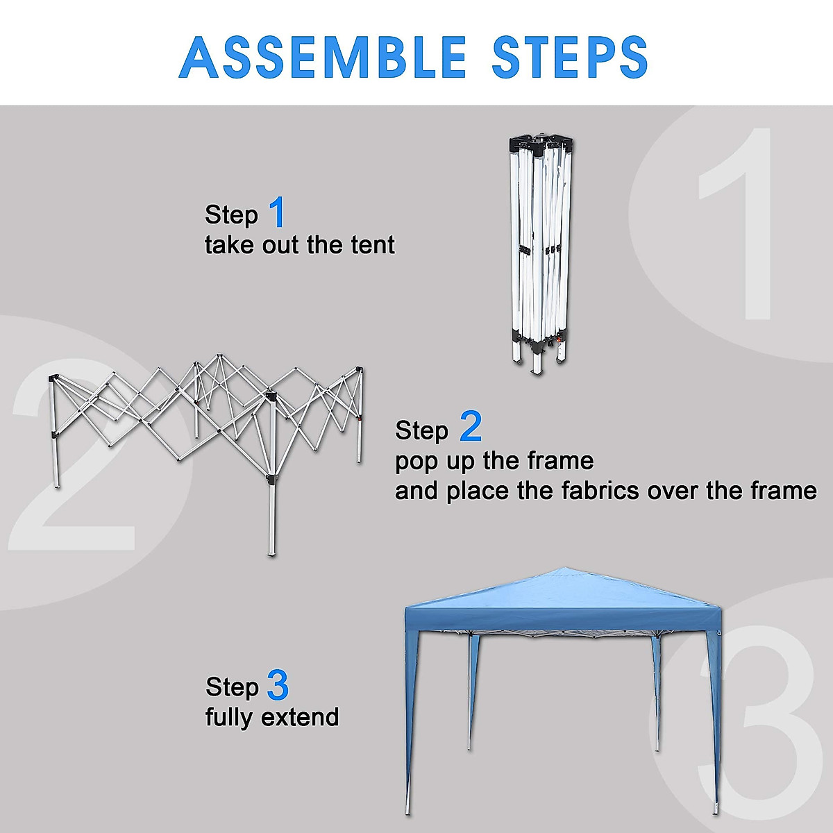 10 x 10 FT Pop Up Canopy Tent, Foldable & Adjustable Height, Stable Steel Frame Easy Set-up Outdoor Tent, Portable Carrying Bag, for Parties, Picnics & Camping, Blue