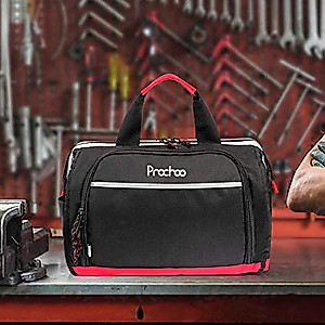 Pnochoo Waterproof Tool Bags for Men or Women, 16-inch Wide Mouth Tool Tote Bag with 25 Pockets for Tool Organizer & Storage, with Adjustable Shoulder Strap (16IN, Black/Red)