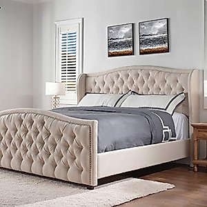 Jennifer Taylor Home Anastasia Upholstered Shelter Headboard Bed Set, King, Sky Neutral Beige Polyester