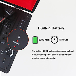 Vinyl Record Player 3 Speed Turntable with Bluetooth, USB/SD Play&Recording, Built in Battery, Line Out, AUX in, Earphone Jack, Replacement Needle