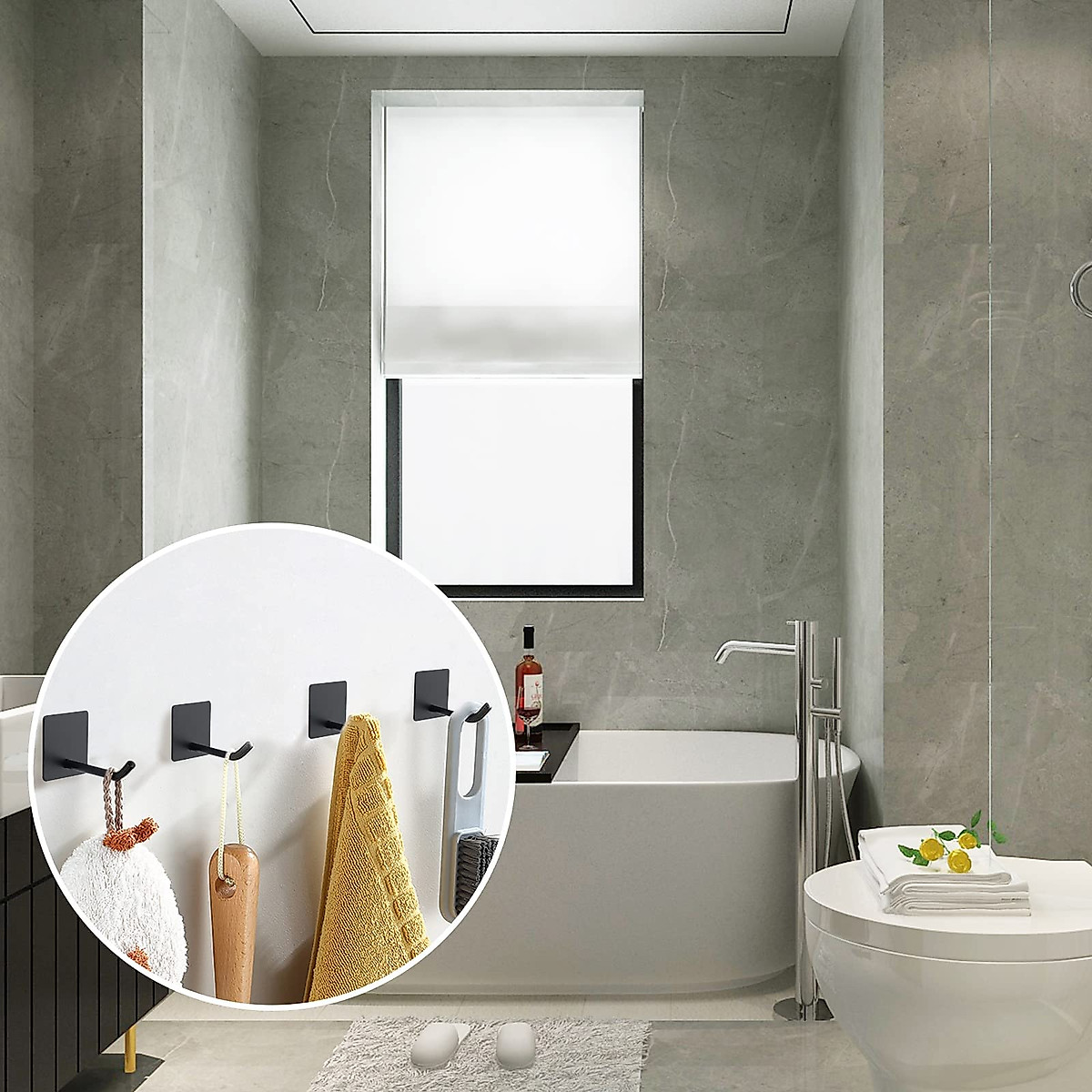 LIOUCBD 4PCS Adhesive Sticky Wall Hooks Heavy Duty, Long Stainless Steel Towel Hooks for Hanging Kitchen Bathroom Home, Waterproof Hook Wall Hanger Holder for Key Hat Coat Bag (Black)