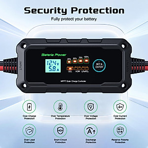 Bateria Power 10A 12V MPPT Solar Charge Controller, Intelligent Solar Panel Regulator with LED and LCD Display, Compatible with Sealed Flooded Gel AGM Lithium LiFePO4 Battery