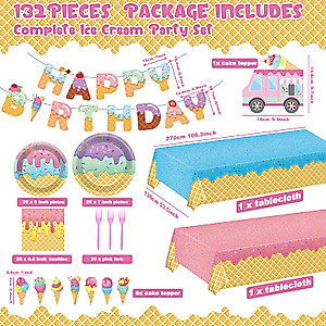 Lonfliness 132Pcs Ice Cream Party Decorations Set Ice Cream Party Supplies Tableware Kit Ice Cream Paper Plates, Napkins, Tablecloth,Banner for Kids Girls for Party , Birthday, Baby Shower Serve 25