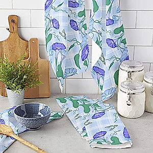 Garden Butterfly Morning Glory Vine Kitchen Cloth Dish Towel 18x28in Pack of 1,Super Soft Absorbent Tea Towels Hand Towel Flower on Blue Lattice Grid Cleaning Dish Cloths for Drying Dishes