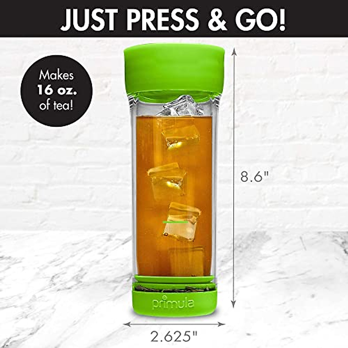Primula Press and Go Iced Tea Maker, Travel Tumbler, Infuser Bottle, Leak-proof Flip-top Lid with Carry Loop, Dishwasher Safe, Made without BPA, 16-Ounce, Green