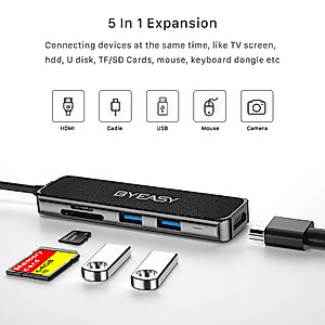USB C Hub, BYEASY Zinc Alloy USB C Adapter Hub, with 4K HDMI Output, SD and microSD Card Reader, 2 USB 3.0 Ports for MacBook Pro 2019/2018/2017, iPad Pro 2019/2018, Pixelbook, XPS (UC-197)