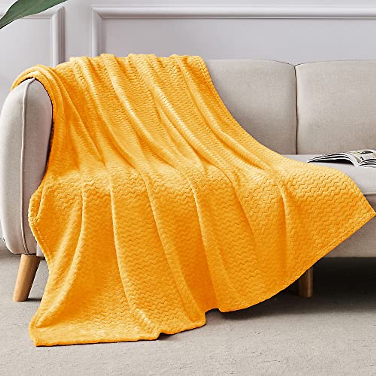 Whale Flotilla Fleece Throw Blanket for Couch with Plush Chevron Pattern, Decorative Soft Fluffy Throw Blanket for Sofa, Cozy and Lightweight, Mustard Yellow, 50x70 Inch