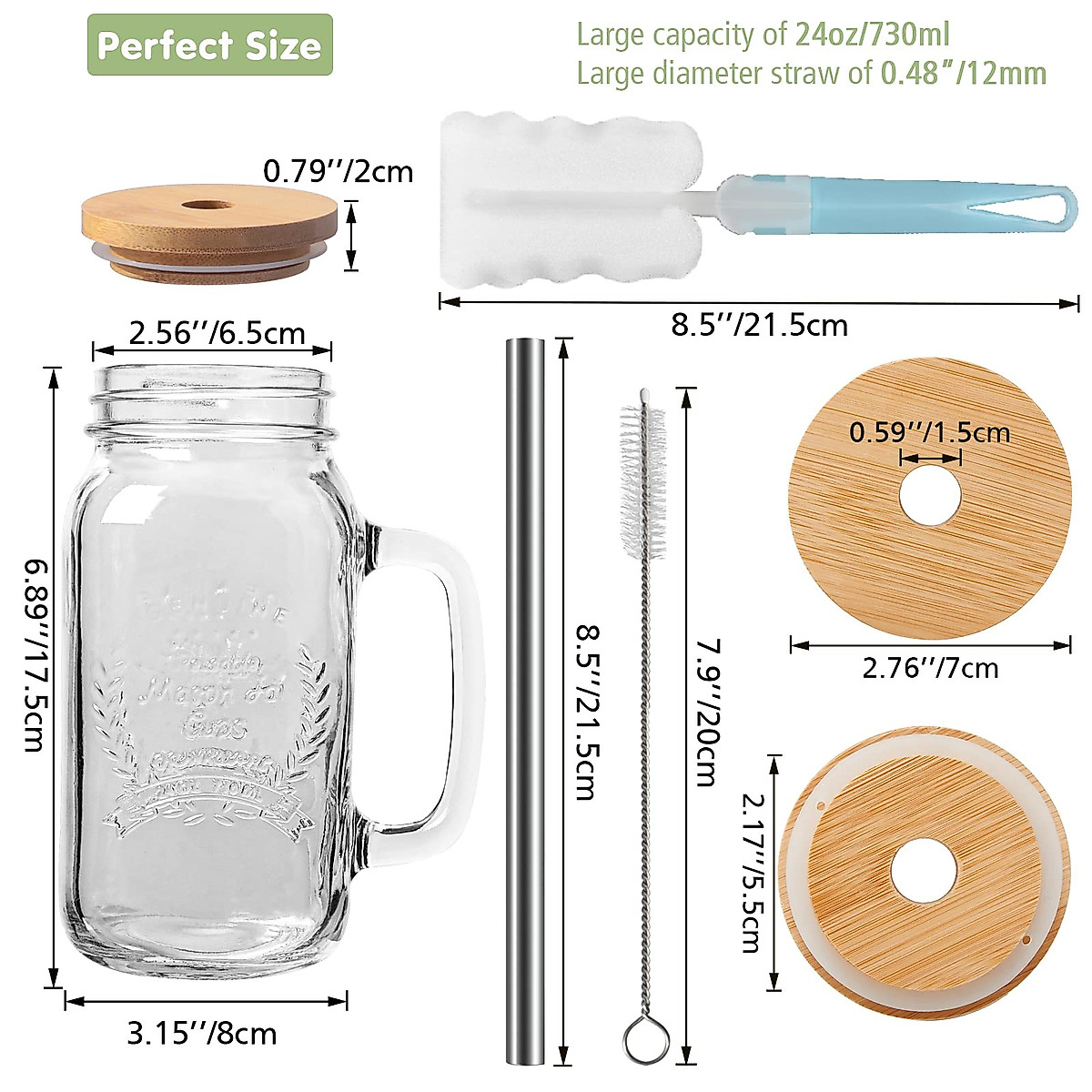 Yirilan 6 Pack 24 Oz Mason Jar Cups,Mason Jars with Handle,Mason Jar Drinking Glasses,Mason Jar with Lid and Straw,Mason Jar Mugs