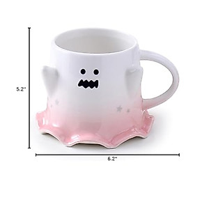 Mycheny Funny Halloween Pink Ghost Shape Ceramic Coffee Cup (14 oz), Cute Cartoon Little Elf Cup