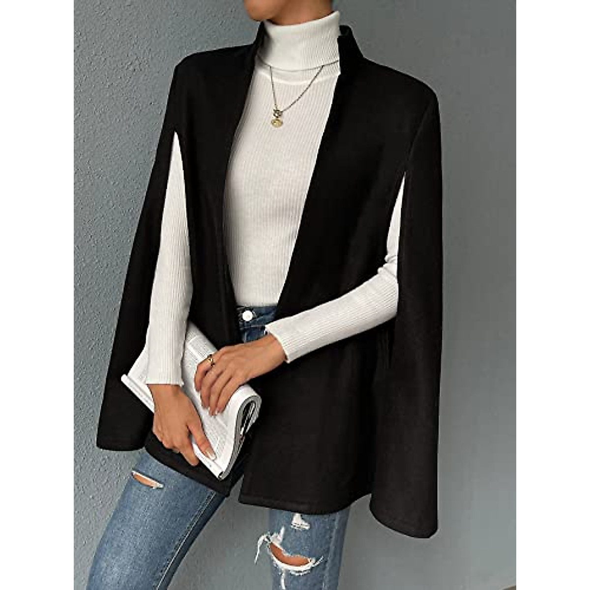 WDIRARA Women's Split Cloak Long Sleeve Open Front Cape Blazer Business Jacket Black S