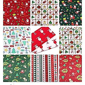 PHEZEN 10 Pieces Christmas Cotton Fabric Bundles, Sewing Square Fabric Scraps Quilting Fabric Squares Assorted Christmas Patterns Cotton Patchwork for DIY Craft Christmas Party Supplies, 25 x 25 cm