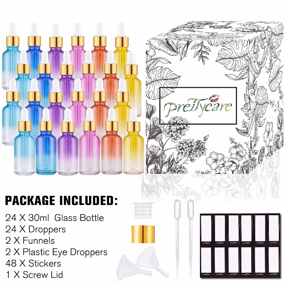 PrettyCare Eye Dropper Bottles 1oz (Rainbow Colored Glass Bottle 24 Pack 30ml with Golden Caps, 48 Labels, Funnel & Measured Pipettes) Empty Tincture Bottles for Essential Oils, Perfume