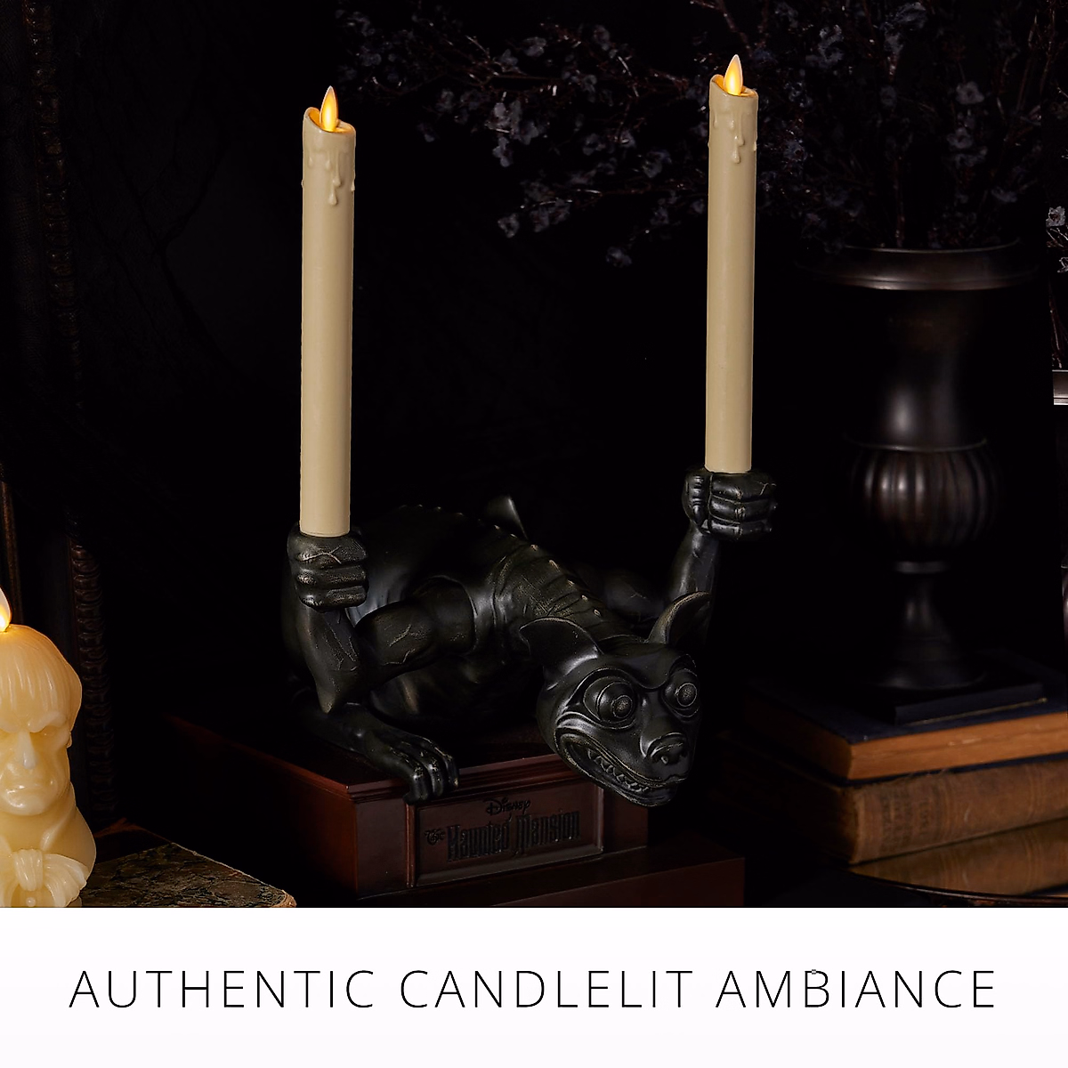 Luminara Disney's The Haunted Mansion Gargoyle Taper Holder Candlestick Holder with Set of 2 Ivory Wax Drip LED Tapers