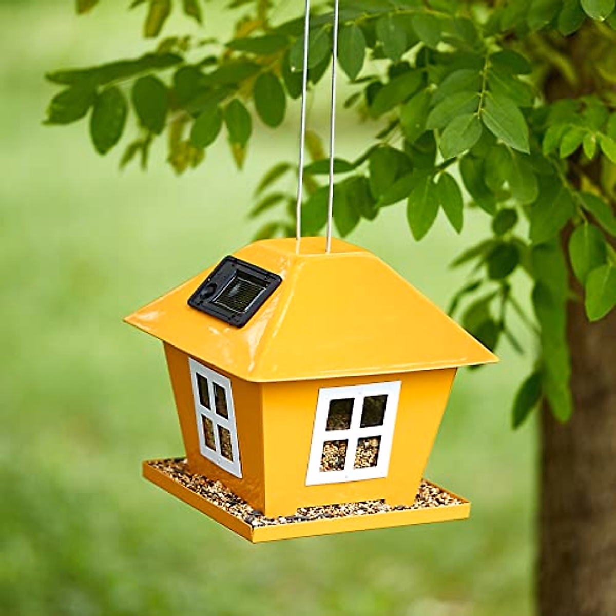 JUYUAN Solar Bird Feeder Yellow House Hanging Outdoor for Cardinal, Metal Rain Proof for Wild Bird, Small Cute Home Design and Lights up Automatically at Night, Decorative Gifts (Yellow)