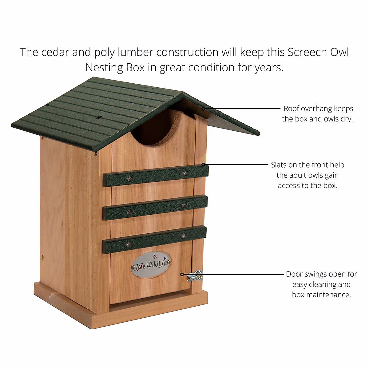 JCs Wildlife Screech or Saw-Whet Owl House - Cedar Nesting Box With Poly Lumber Roof - Made in the USA