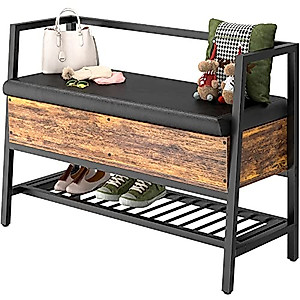 Homieasy Storage Shoe Bench with Padded Seat, Entryway Bench with Lift Top Storage Box, Industrial Shoe Rack Bench PU Leather Cushion Holds Up to 250 LB for Entryway Bedroom Hallway, Rustic Brown
