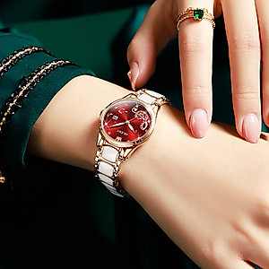 OLEVS Women's Watch Bracelet Designer Fashion Watch Ceramic Note Rose Gold Luxury 3ATM Date Waterproof Luminous Wine Red Dial Valentine's Day Present Quartz