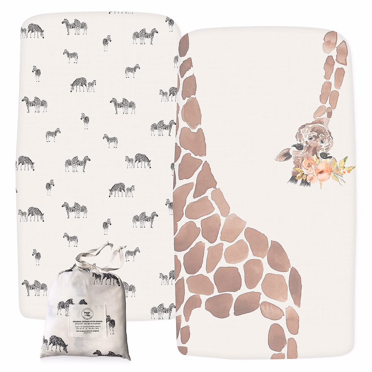 Bassinet Fitted Sheets 33 x 20” Compatible with Mika Micky, Maxi COSI, Ronbei, Amke, Baby Joy, Cloud Baby, Koola Baby Bedside Sleeper – 100% Organic Jersey Cotton – Safari Giraffe – 2 Pack