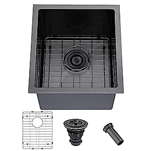 Comllen 15 x 17 inch Black Bar Sink Undermount，Black Stainless Steel Wet Bar Prep Sink Small Kitchen Sink Single Bowl RV Sink with Bottom Grid and Strainer-KYL001B
