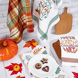 Whaline Fall Kitchen Towel Autumn Leaves Green Brown Plaids Dish Towel Retro Thanksgiving Fall Harvest Tea Towel Hand Drying Cloth Towel for Autumn Holiday Kitchen Cooking Baking, 4 Pack, 28 x 18 Inch