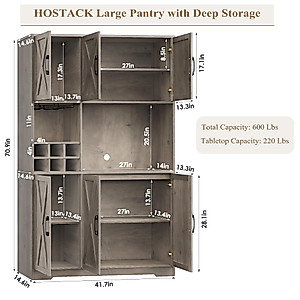 HOSTACK Kitchen Pantry Storage Cabinet, 71" Tall Food Pantry Cabinet with Microwave Stand, Farmhouse Kitchen Hutch Cabinet, Coffee Bar Hutch with Wine Rack for Dining Room, Living Room, Ash Grey