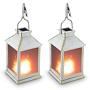 10" Vintage Style Solar Powered Lantern Fame Effect(Metallic Coating White,Plastic),Solar Garden Light with Vivid Fire Effect,Outdoor Solar Hanging Lantern,Indoor Decorative Lantern ZKEE (Set of 2)