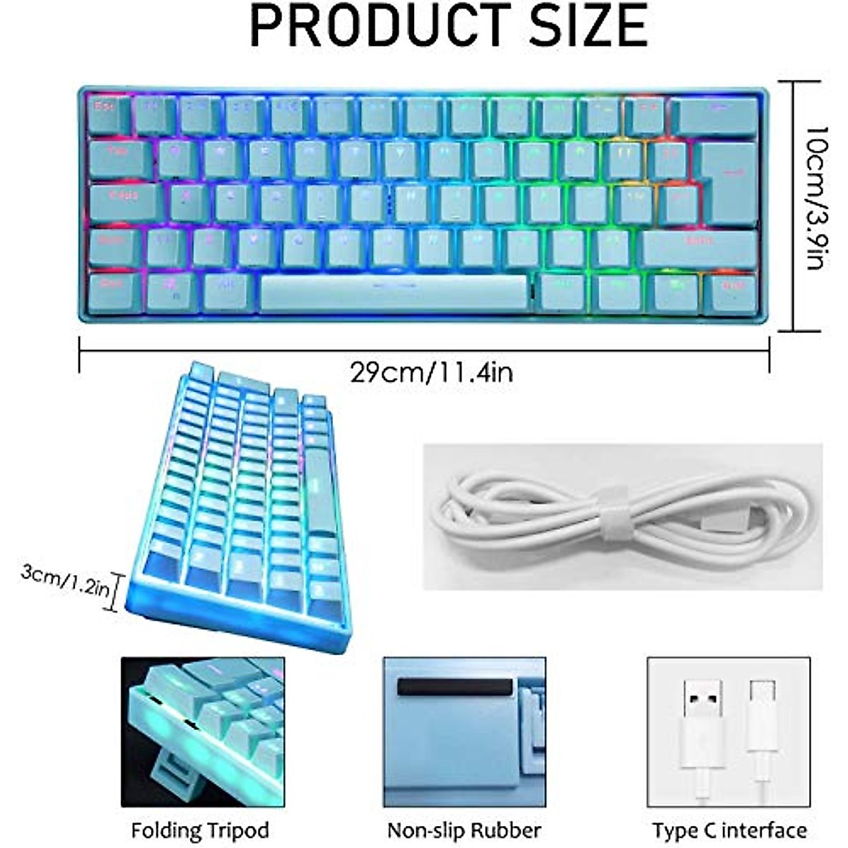 ZIYOU LANG MK21 Portable 60% Mechanical Gaming Keyboard Untra-Compact Type-c Wired with Light Up Chroma LED Backlit Non-Conflict 61 Key TKL Ergonomic for PS4 PS5 PC Mac Windows(Blue/Blue Switch)