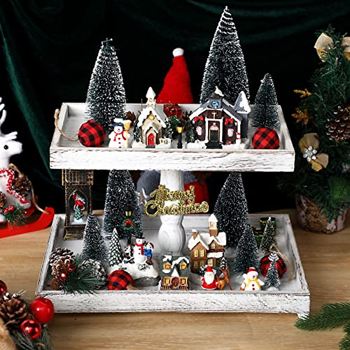 FESTWIND Farmhouse Wooden Rectangle Tiered Tray for Countertop, Small Beaded Tiered Tray Stand for Holidays, Two Tiered Tray Distressed Brown