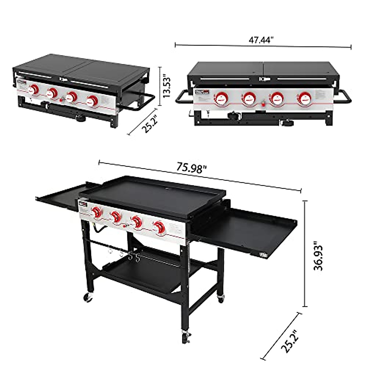 Royal Gourmet GB4000FC 36-Inch Gas Griddle with Cover, 4-Burner Flat Top Gas BBQ Grill with Top Cover Lid, Propane Fuelled, Outdoor Griddle Station with Folding Side Shelves and Legs, Black