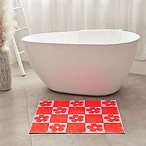 Snack Break | Cute Red Flower Checkered Rug for Bathroom, Bedroom, and Living Room | Non-Slip Backing | Ultra Soft Machine Washable Microfiber