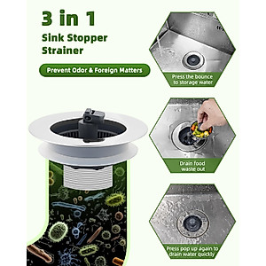 Kitchen Sink Strainer Stopper Combo 3-in-1 Pop Up Kitchen Sink Drain with Upgrade Folded Handle, for US Standard 3-1/2 inch Drain Filter, Chrome Stainless-Wraped Shell, Anti-Clog