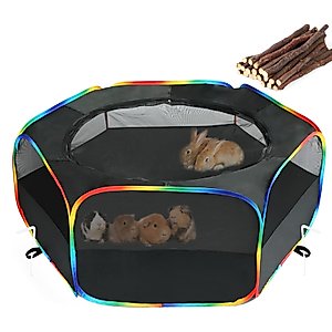 LUCKITTY Small Animal Playpen, Chick Brooder Box, Guinea Pig Hamster Indoor Playpens & Outdoor Pet Cage Tent with Cover Top, for Kitten/Ferret/Hedgehog/Rabbit/Duckling, Black & Rainbow