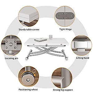 XIHUAN Lift Top Coffee Table Converts to Dining Table, Height Adjustable Folding Table with Wooden Tabletop and Sturdy Cross Metal Legs, Multi-Functional Dinner Table, White