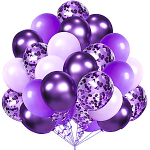 AULE Metallic Purple and Premium Latex Lavender Lilac Balloons 60 Pack 12inches and Purple Confetti Balloons with Purple Ribbons Set for Birthday Bridal Shower Wedding Party Decorations