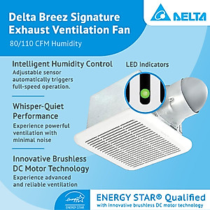 Delta Breez Signature Exhaust Bath Fan Energy Efficient Quiet Operation Motor with Full Speed Adjustable and LED Indicator Light, 80/110 CFM, White