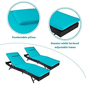 Omelaza Outdoor Chaise Lounge All-Weather Wicker Patio Lounge Chair, Adjustable Reclining Chair with Blue Cushion for Poolside, Garden, Backyard (2 Pieces)