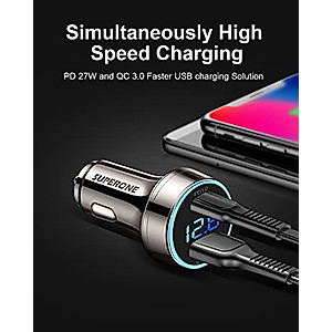 [Pure Copper] USB C Car Charger, SUPERONE 45W Dual USB Car Charger Adapter with 27W/20W PD Port, Fast QC3.0 LED Voltmeter for iPhone 14 13 Max/Pro/Plus/Mini, Pixel 7/6/5, Samsung S22/21 More
