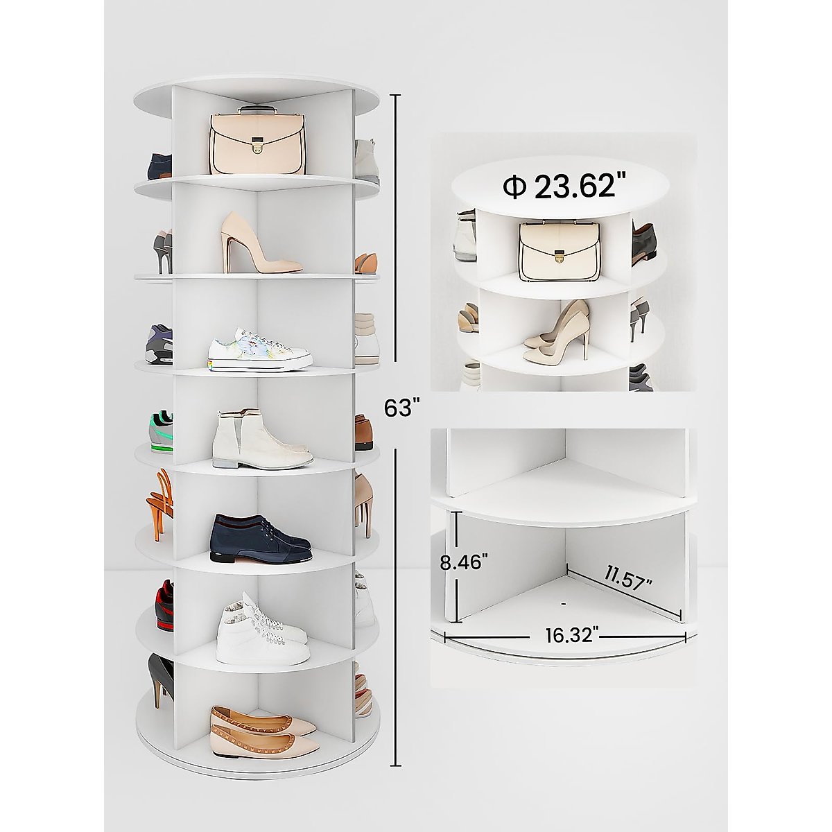 Toemics 7 Tier Rotating Shoe Rack Tower 28 Shelves, 360° Spinning Display Lazy Susan Organizer, Carousel for Shoes & Handbags, Easy Assembly, Includes 4 PCS Double-Layer Shoe Racks, White