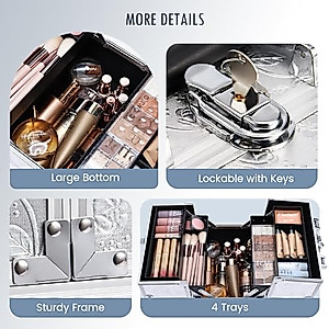 FRENESSA Makeup Train Case Portable Cosmetic Box Organizer 4 Trays Aluminum Makeup Case Storage with Divider Lockable for Makeup Artist, Crafter, Makeup Tools Elagant Silver Rose