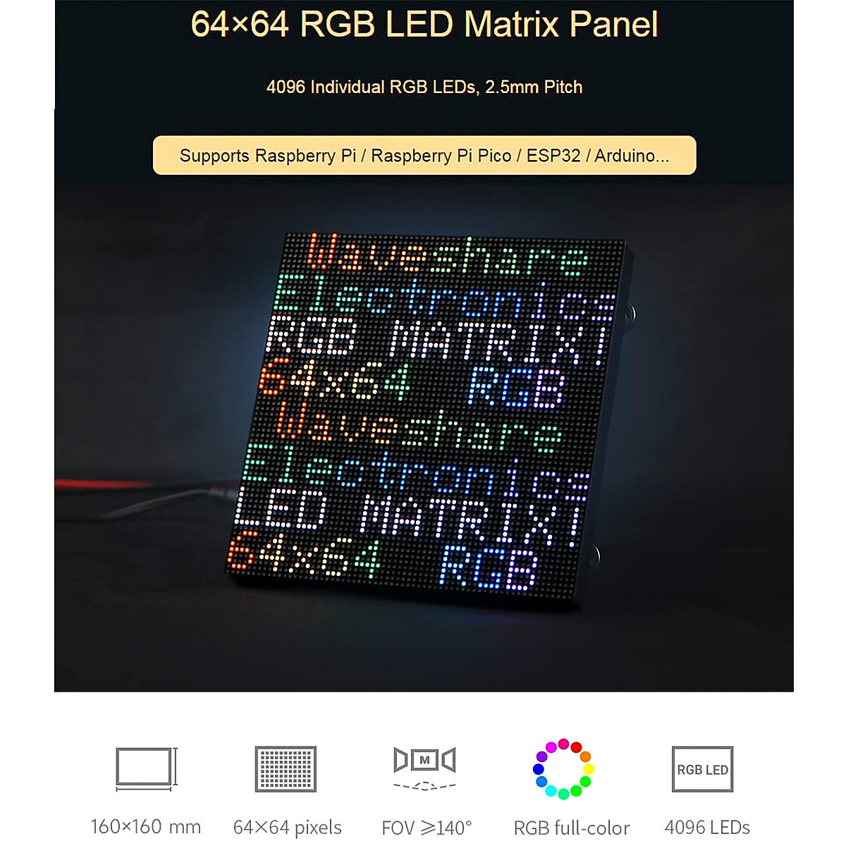 64x64 4096 Pixels RGB Full-Color LED Matrix Panel 2.5mm Pitch, Adjustable Brightness Chainable Design,Display Text/Colorful Image/Animation, Compatible with Raspberry Pi / Raspberry Pi Pico / ESP32