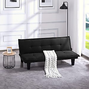 KoiHome 63.8" Twin Size Futon Sleeper Sofa with Adjustable Back, Small Chaise with Brown Leg, 2-Seater Couch, Contemporary Home Furniture for Living Room,Bedroom,Office,Waiting Room, Faux Suede, Black