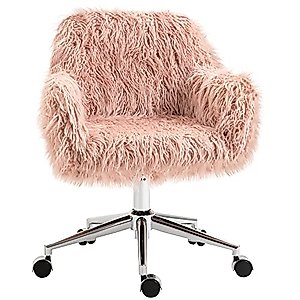 Vinsetto Faux Fur Desk Chair, Swivel Vanity Chair with Adjustable Height and Wheels for Office, Bedroom, Pink