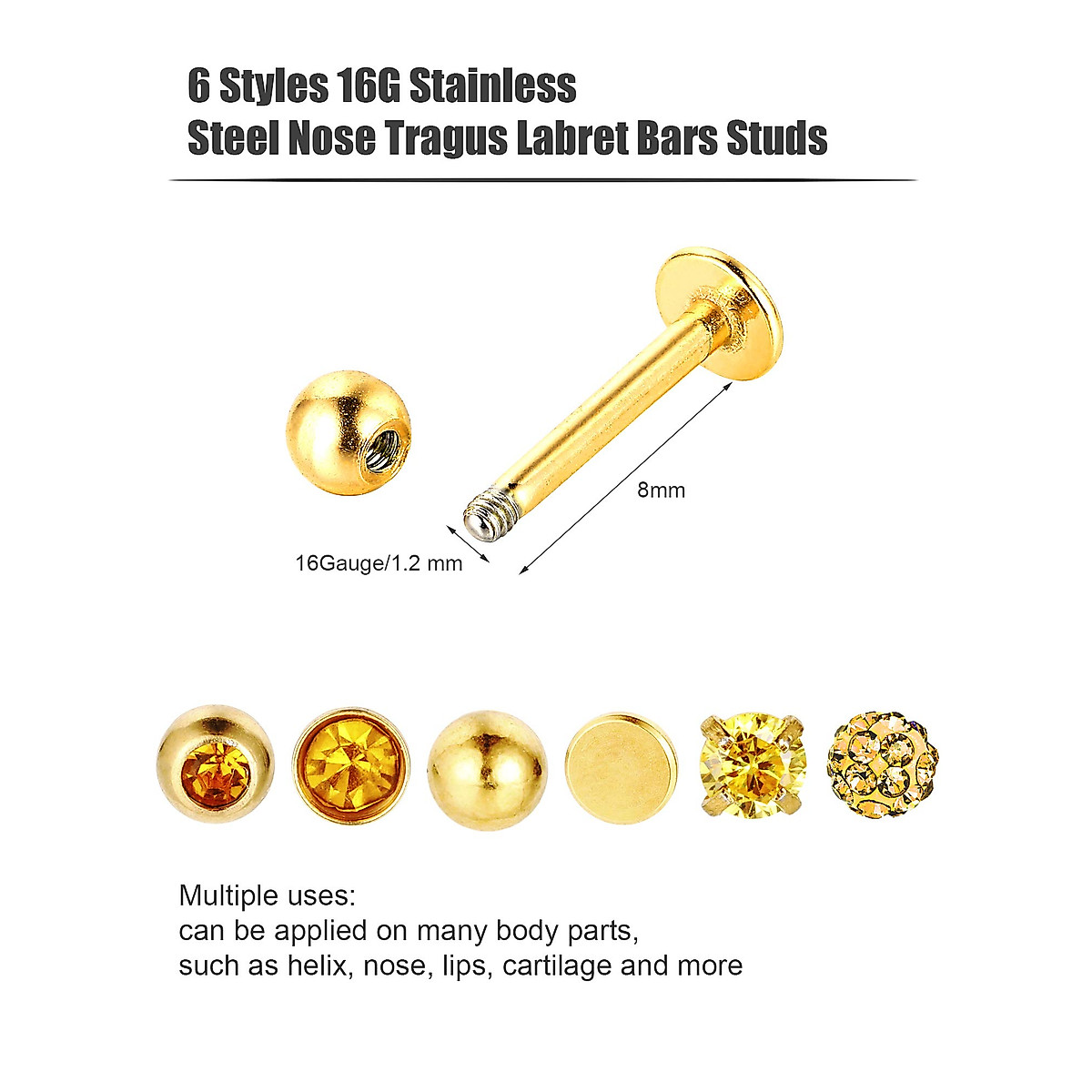 Sumind Nose Studs 16G tragus piercing jewelry Tragus Earrings Lip Rings Diamond Crystal Stainless Steel Labret Bars Body Piercing Jewelry, 6 Designs(Gold)