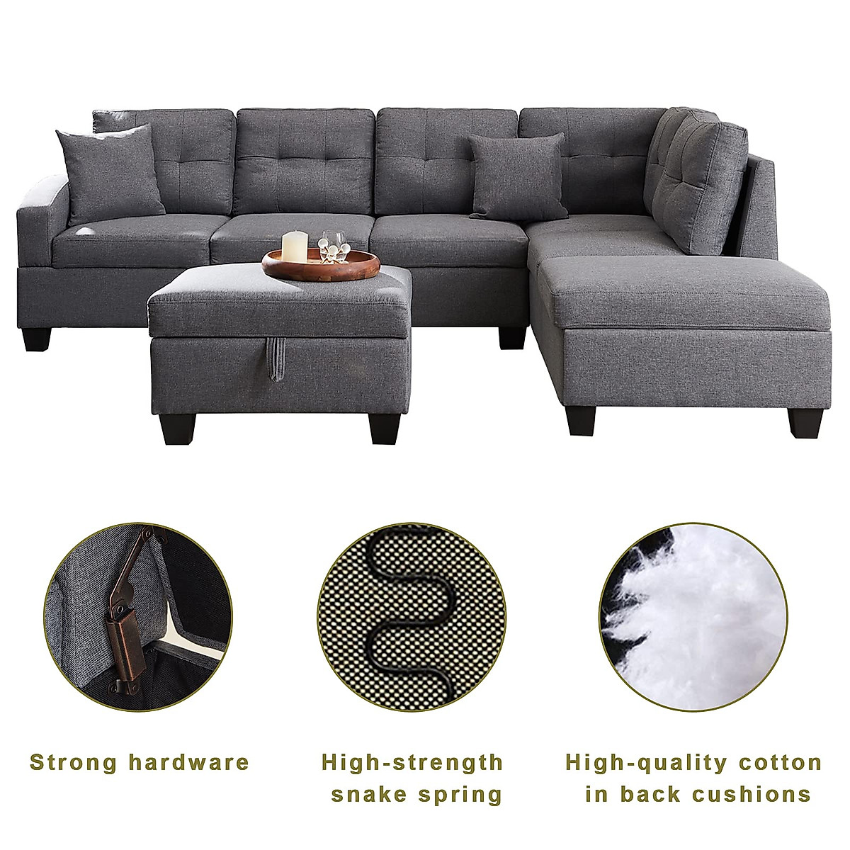 Unovivy Large Sectional Couches for Living Room, 109" L Shaped Upholstered Sofa with Chaise, Ottoman and Cup Holders, 3-Piece Fabric Furniture Sets, Suitable Space & Apartment, Light Gray