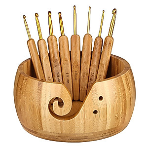 Yarn Bowl Holder, Wooden Craft Knitting Bowl for Crochet with 8pcs Metal Hooks, 6.7"Crochet Storage Organizer Knitting Accessories (bamboo)